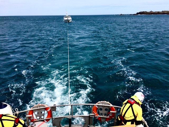Alderney RNLI lifeboat launched to assist 23-meter motor vessel. | RNLI
